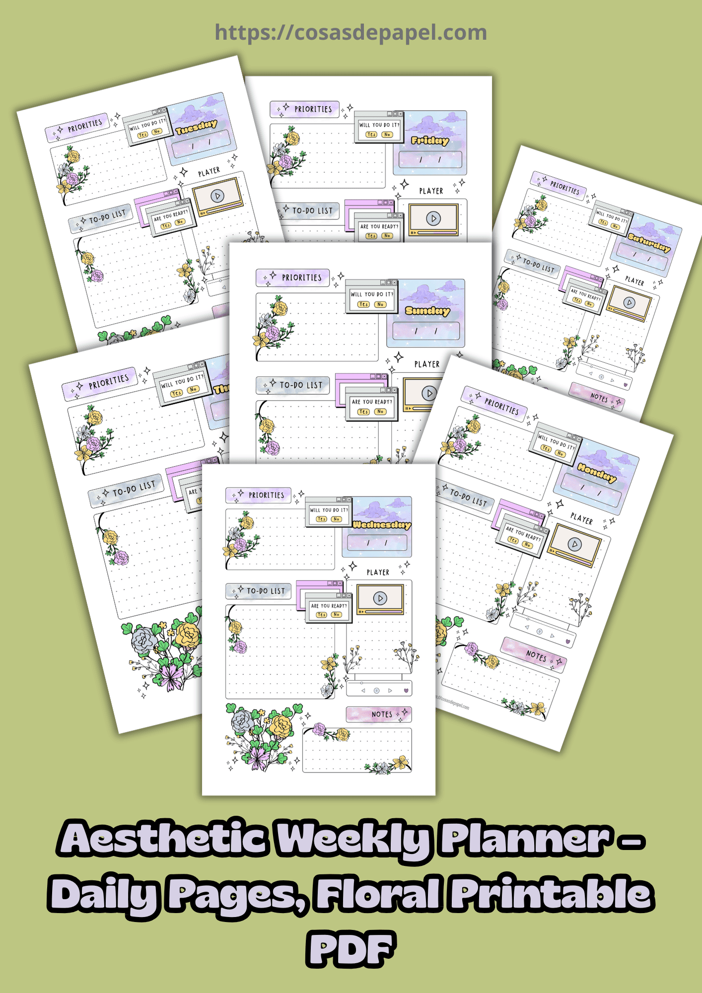 Aesthetic Weekly Planner – Daily Pages, Floral Printable PDF - Paper Things